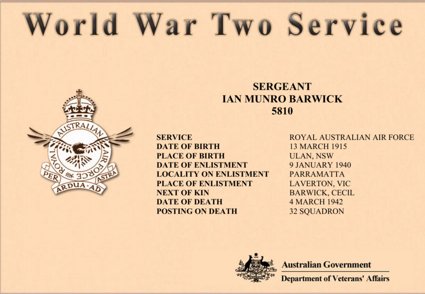 Virtual War Memorial | Ian Munro BARWICK